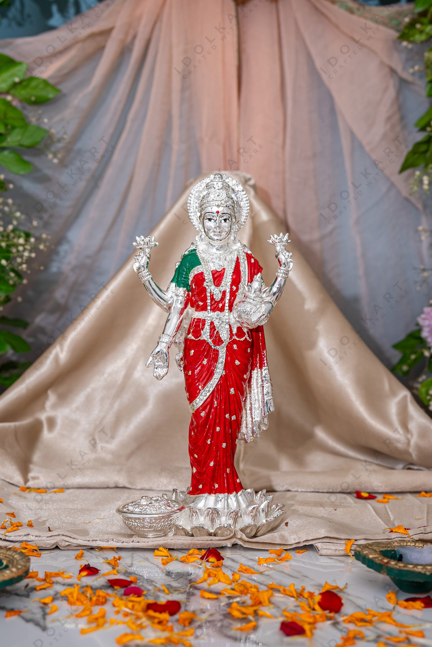 Silver Coated Antique Dhanalaxmi Idol For Diwali, Office & Home