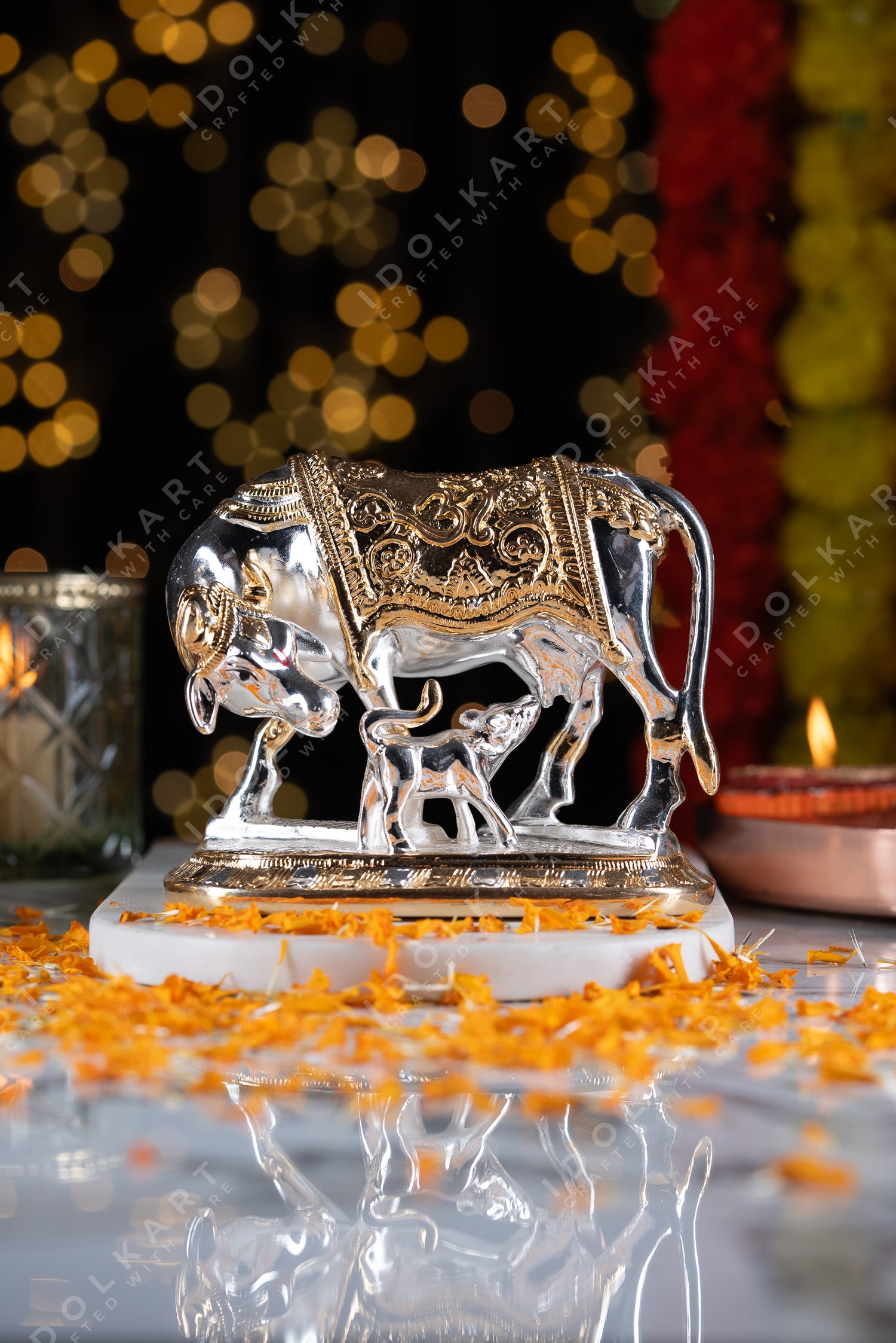Kamdhenu Cow with Calf Idol- Auspicious Cow Goddess Statue
