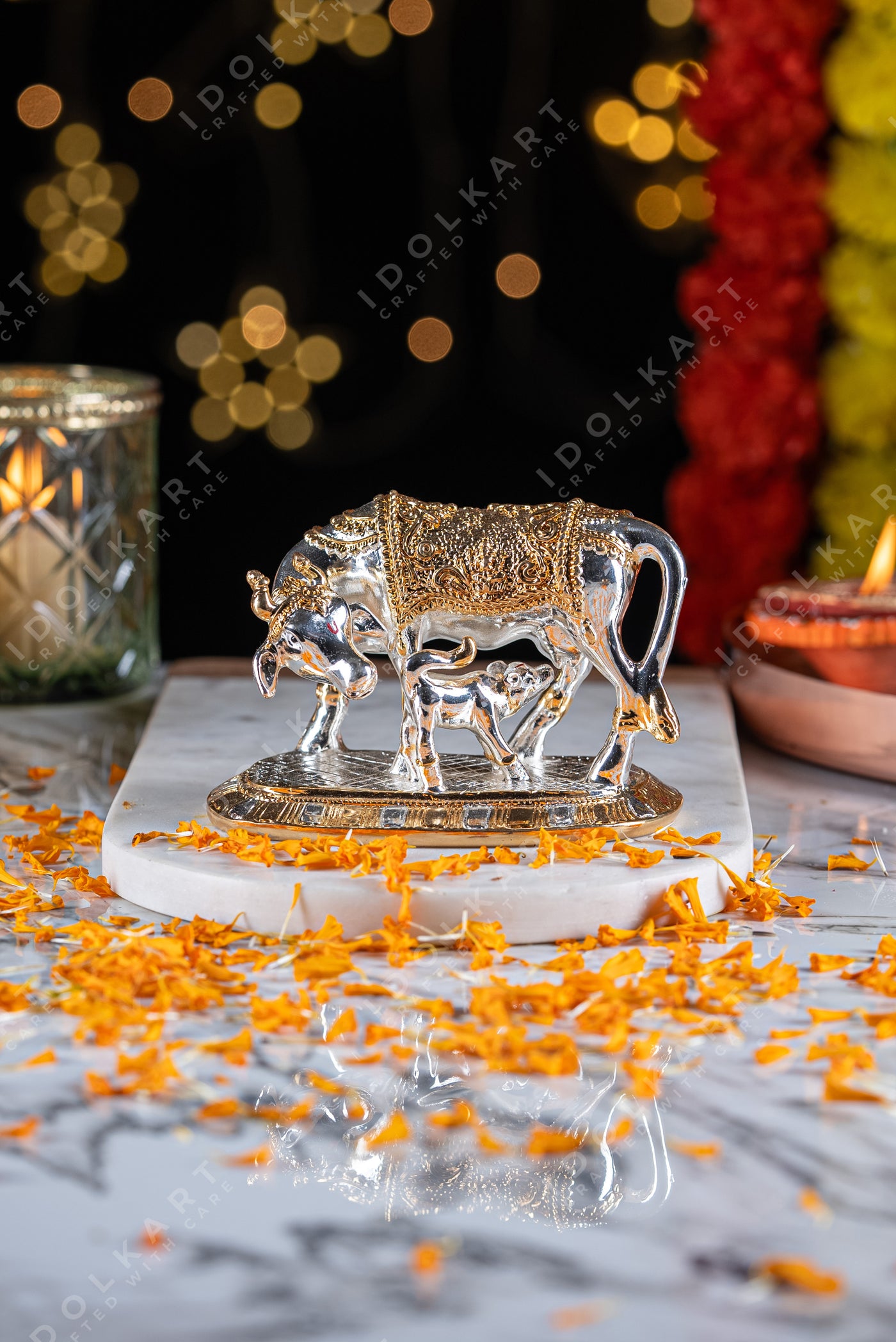 Kamdhenu Cow with Calf Idol- Auspicious Cow Goddess Statue