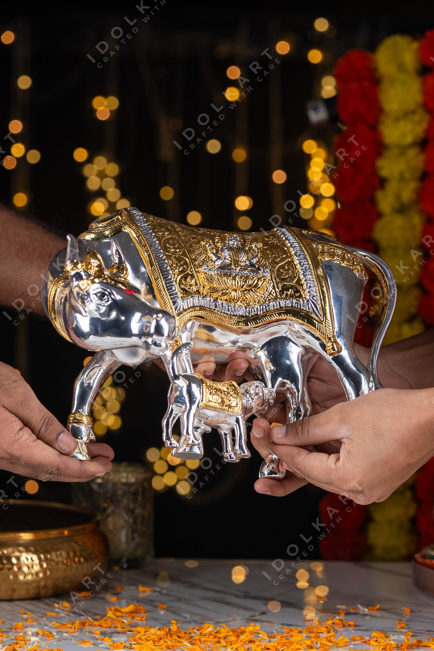 Gold Silver Coated Vastu Kamadhenu cow Idol with Calf